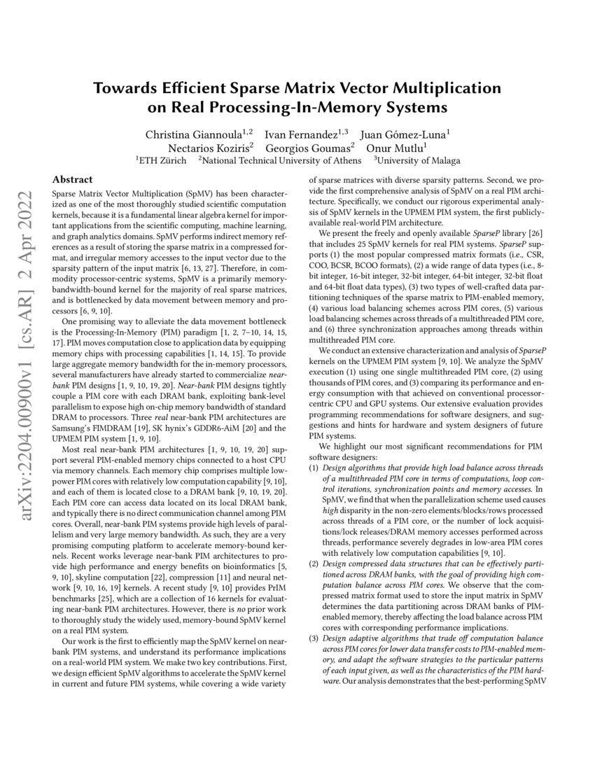 Towards Efficient Sparse Matrix Vector Multiplication On Real Processing In Memory Systems Deepai