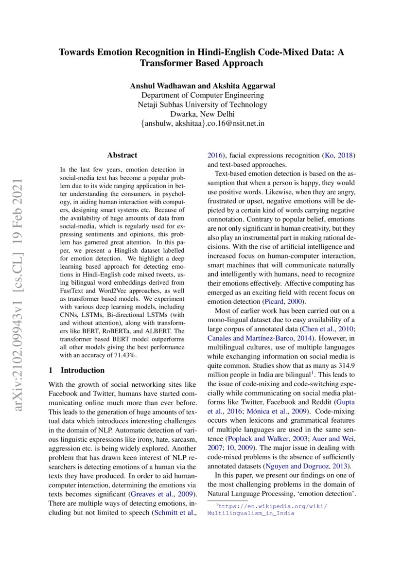 Towards Emotion Recognition In Hindi English Code Mixed Data A Transformer Based Approach Deepai