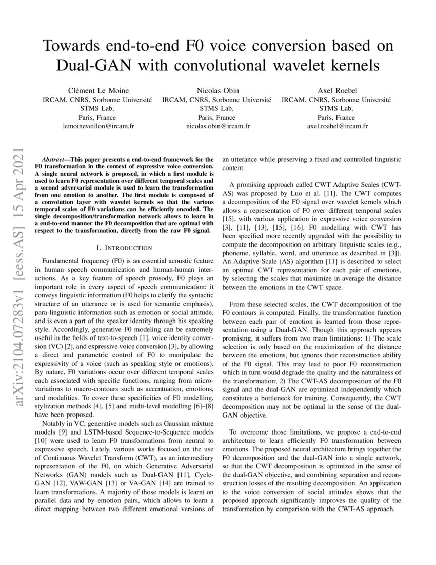 Towards end-to-end F0 voice conversion based on Dual-GAN with convolutional wavelet kernels | DeepAI