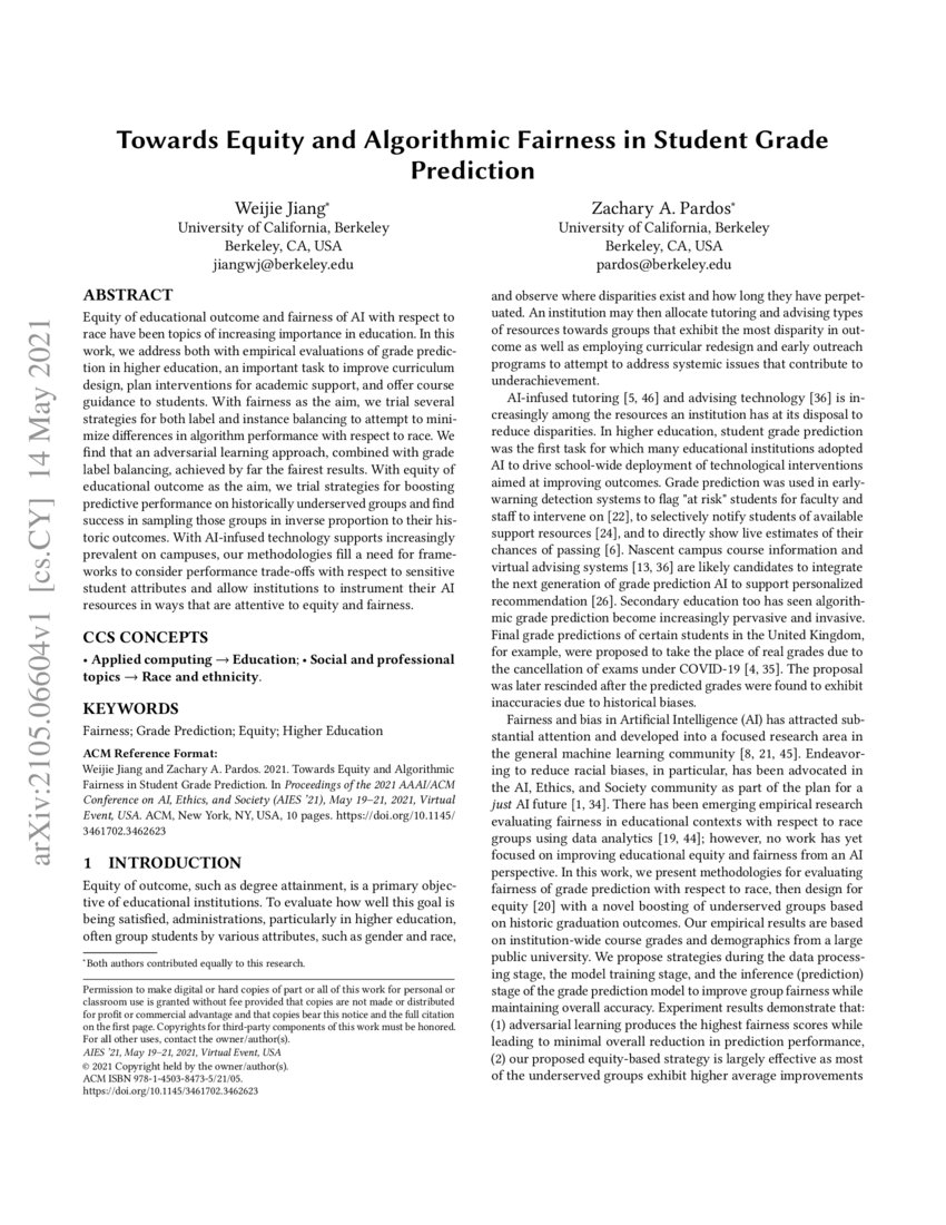 Towards Equity and Algorithmic Fairness in Student Grade Prediction ...