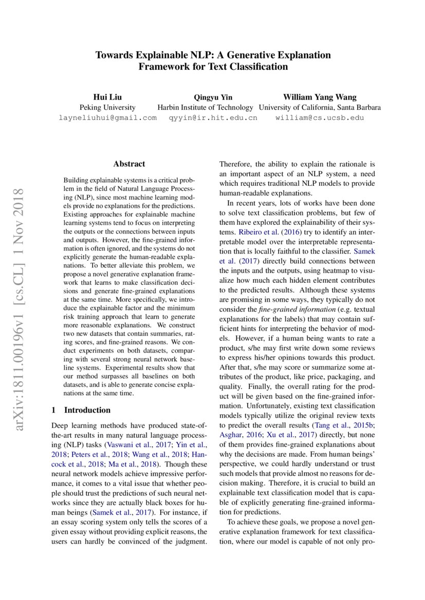 Towards Explainable NLP: A Generative Explanation Framework for Text ... Towards Explainable NLP: A Generative Explanation Framework for Text ...