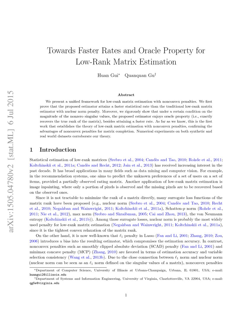 Towards Faster Rates And Oracle Property For Low Rank Matrix Estimation