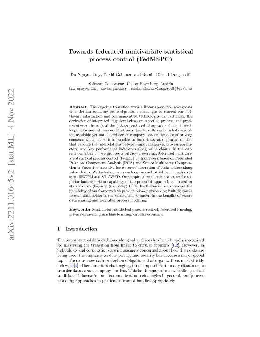 Towards Federated Multivariate Statistical Process Control Fedmspc Deepai