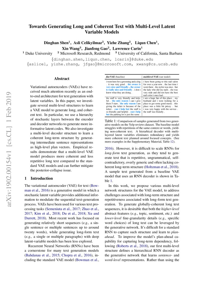 Towards Generating Long And Coherent Text With Multi Level Latent Variable Models Deepai