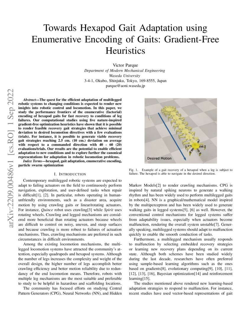 Towards Hexapod Gait Adaptation Using Enumerative Encoding Of Gaits Gradient Free Heuristics 4680