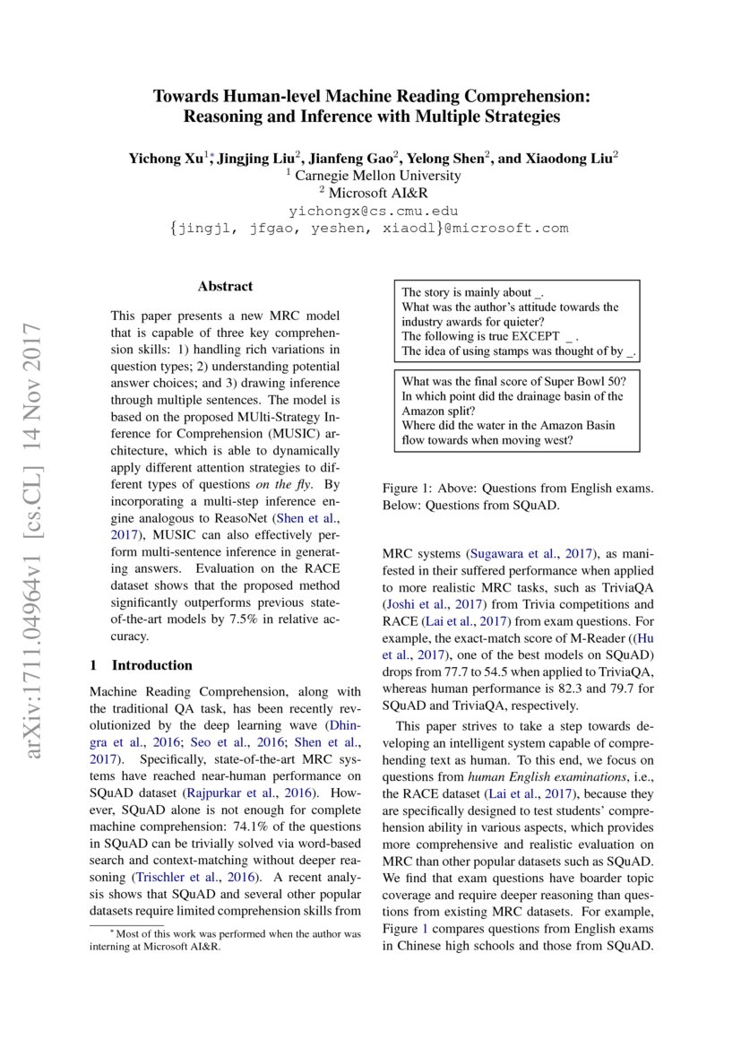 Towards Human-level Machine Reading Comprehension: Reasoning and Inference with Multiple ...