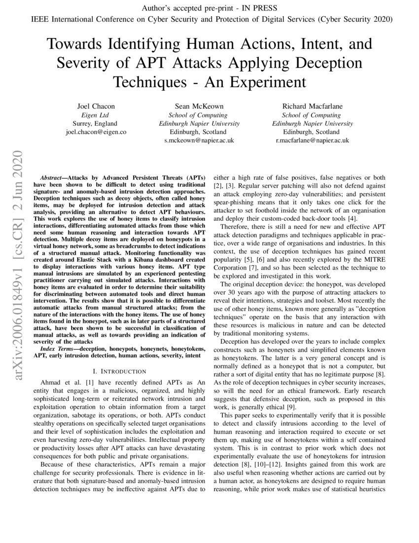 Towards Identifying Human Actions, Intent, and Severity of APT Attacks Applying Deception ...