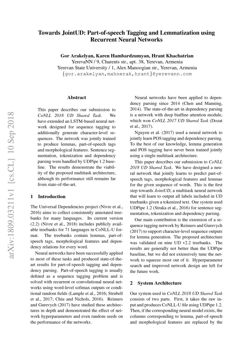 Towards Jointud Part Of Speech Tagging And Lemmatization Using Recurrent Neural Networks Deepai