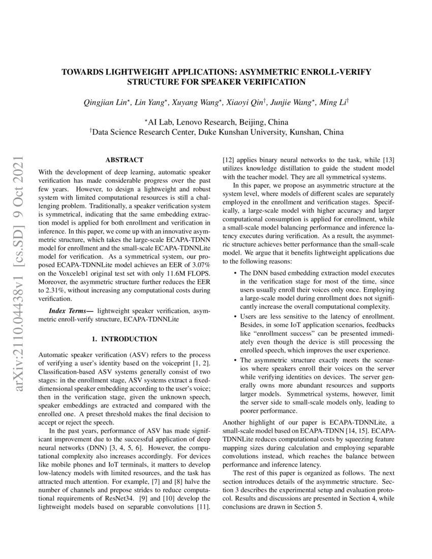 Towards Lightweight Applications: Asymmetric Enroll-Verify Structure for Speaker Verification ...