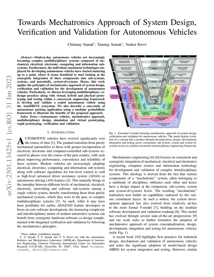 Towards Mechatronics Approach Of System Design Verification And Validation For Autonomous