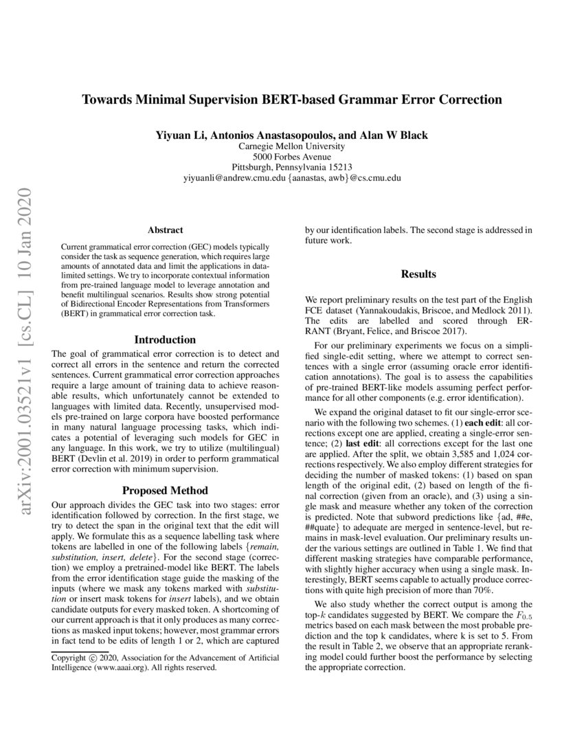 Towards Minimal Supervision BERT-based Grammar Error Correction | DeepAI