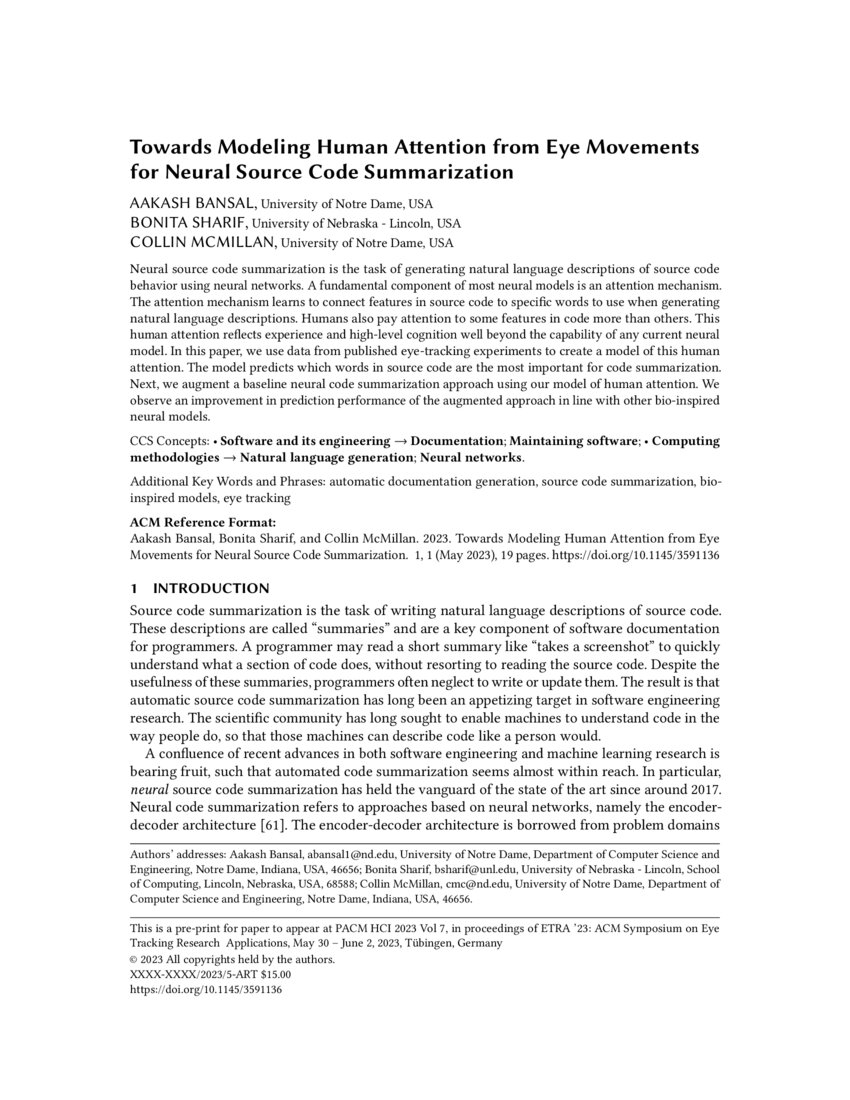Towards Modeling Human Attention From Eye Movements For Neural Source Code Summarization Deepai