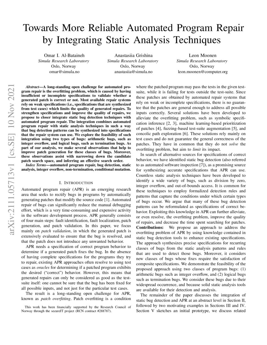 Towards More Reliable Automated Program Repair By Integrating Static Analysis Techniques Deepai 