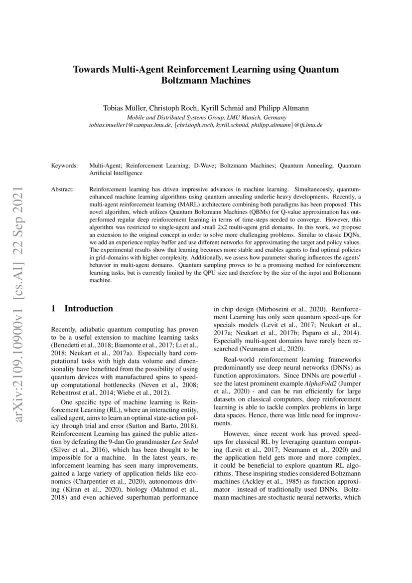 Towards Multi-Agent Reinforcement Learning using Quantum Boltzmann Machines | DeepAI