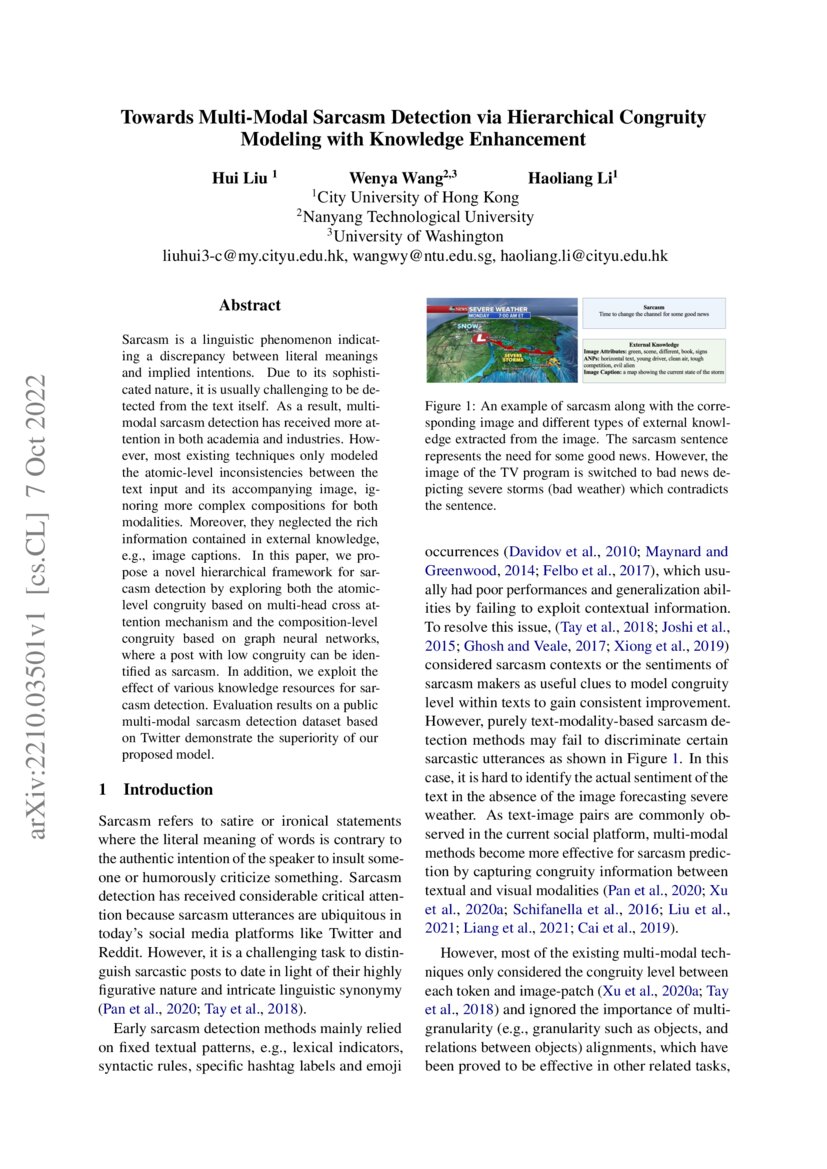 Towards Multi Modal Sarcasm Detection Via Hierarchical Congruity Modeling With Knowledge 7890