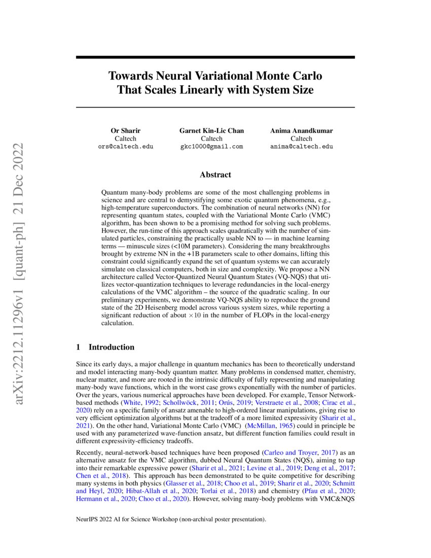 Towards Neural Variational Monte Carlo That Scales Linearly with System Size | DeepAI