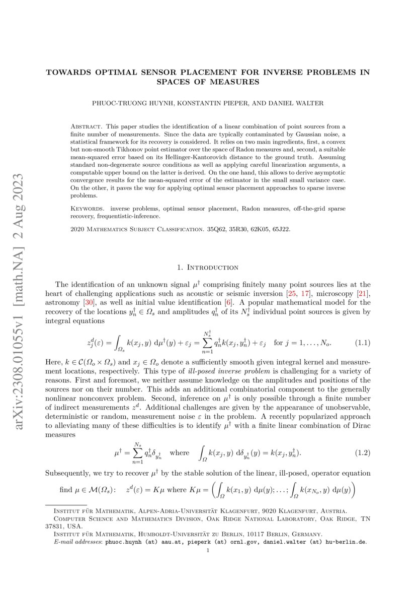 Towards Optimal Sensor Placement For Inverse Problems In Spaces Of
