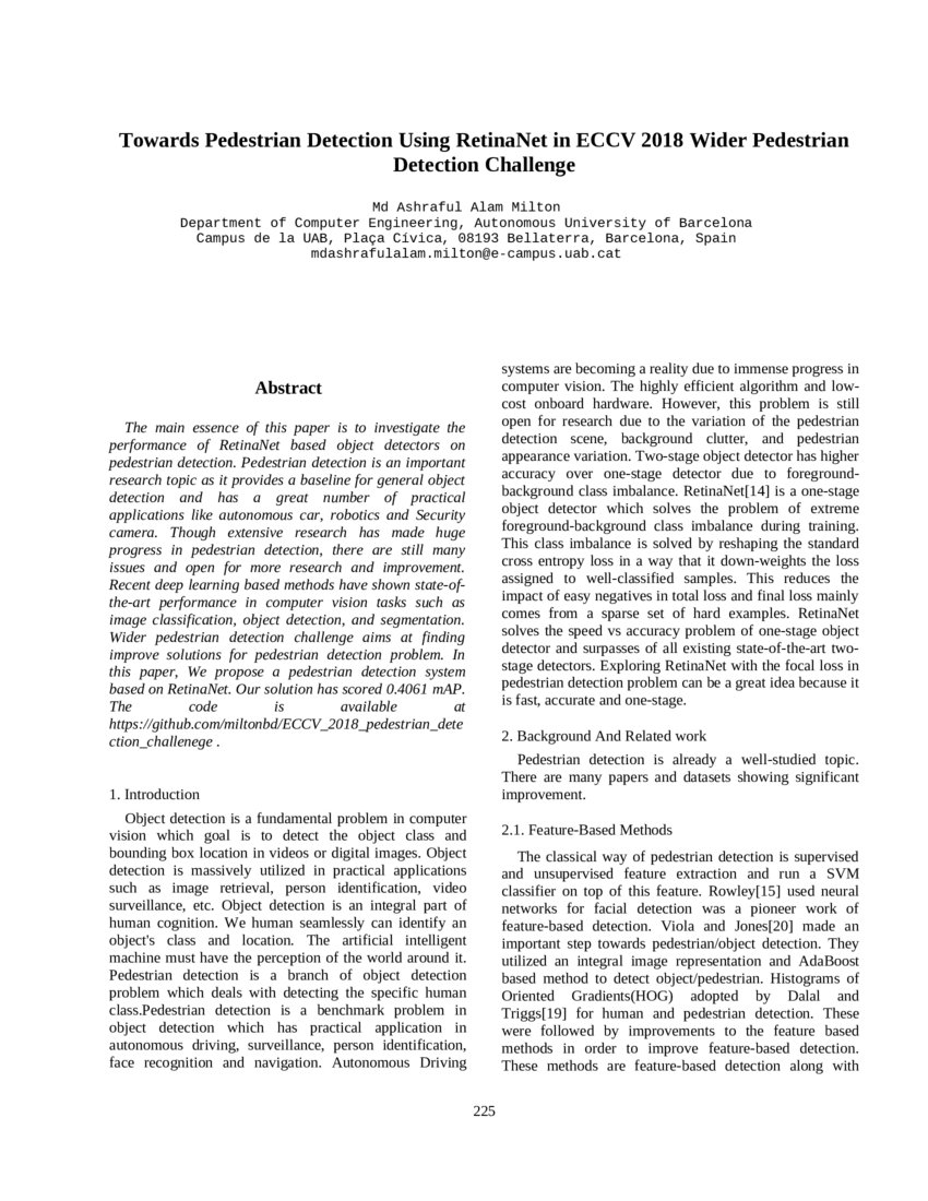 Towards Pedestrian Detection Using Retinanet In Eccv 2018 Wider Pedestrian Detection Challenge