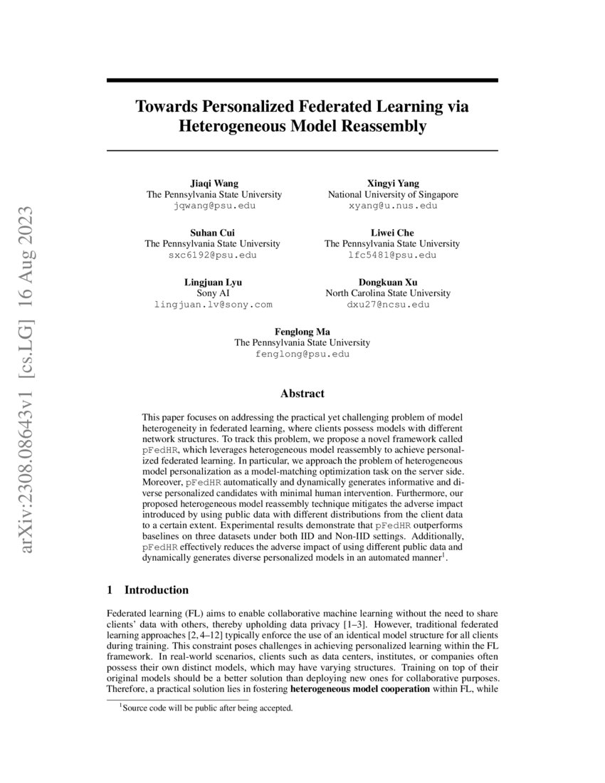 Towards Personalized Federated Learning Via Heterogeneous Model Reassembly Deepai