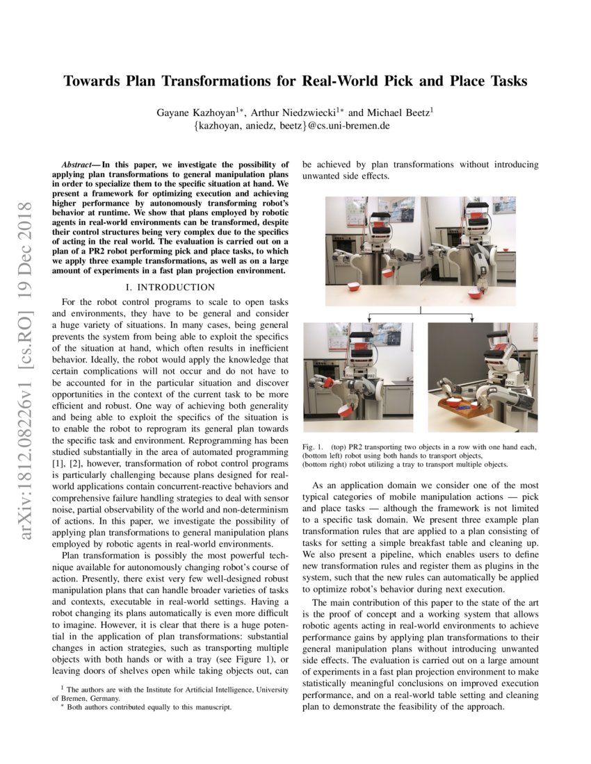 Towards Plan Transformations for Real-World Pick and Place Tasks | DeepAI