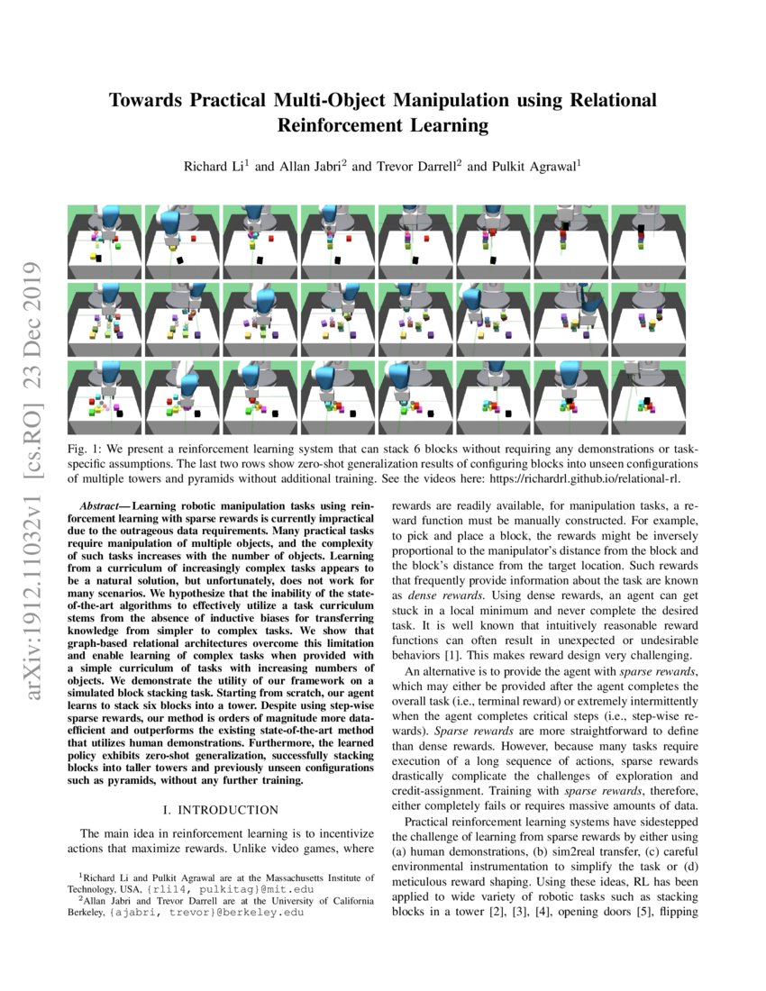 Towards Practical Multi-Object Manipulation using Relational Reinforcement Learning | DeepAI