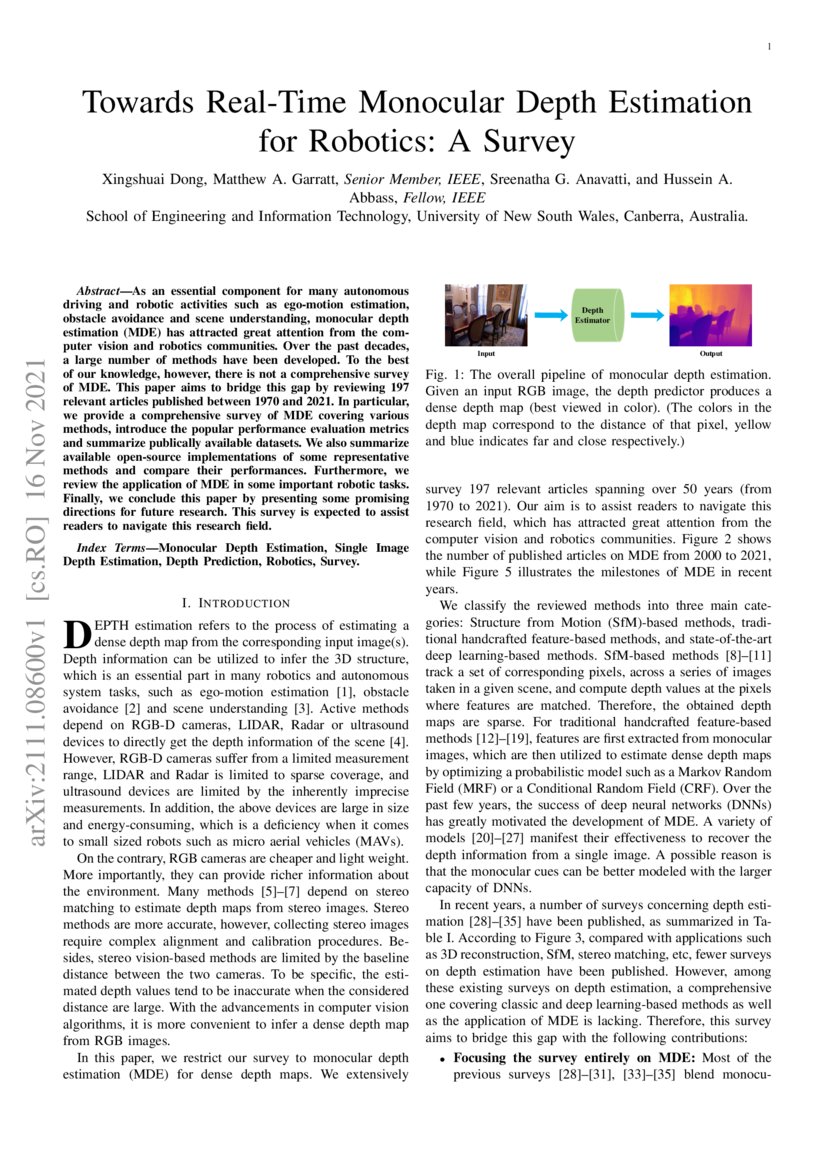 Towards Real Time Monocular Depth Estimation For Robotics A Survey