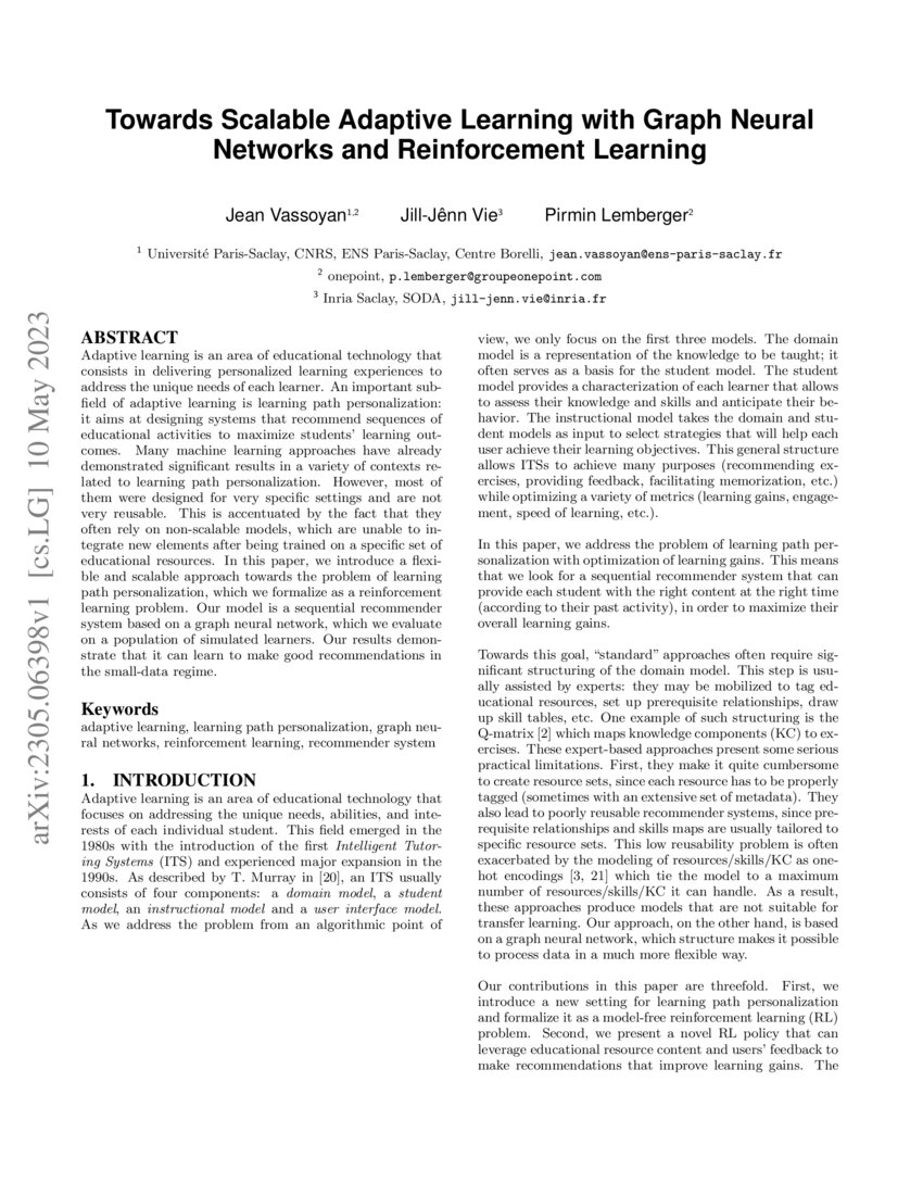 Towards Scalable Adaptive Learning With Graph Neural Networks And Reinforcement Learning Deepai