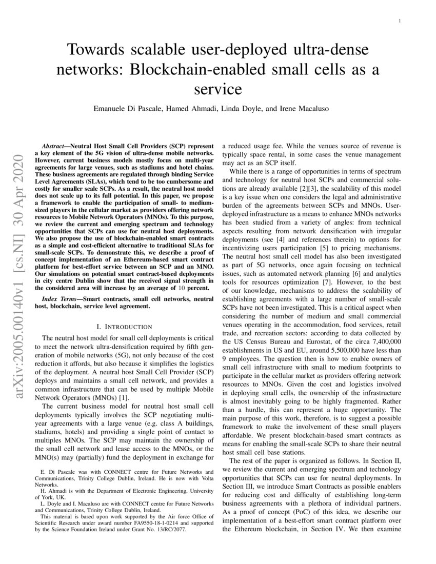 Towards Scalable User Deployed Ultra Dense Networks Blockchain Enabled Small Cells As A Service