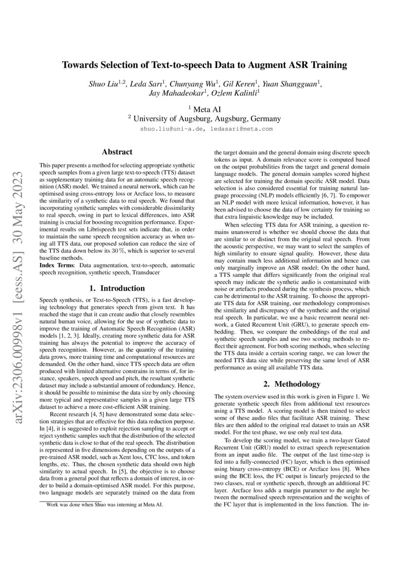 Towards Selection of Text-to-speech Data to Augment ASR Training | DeepAI