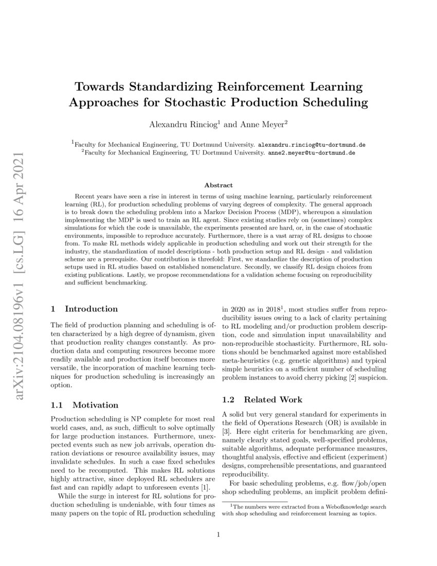 Towards Standardizing Reinforcement Learning Approaches for Stochastic ...