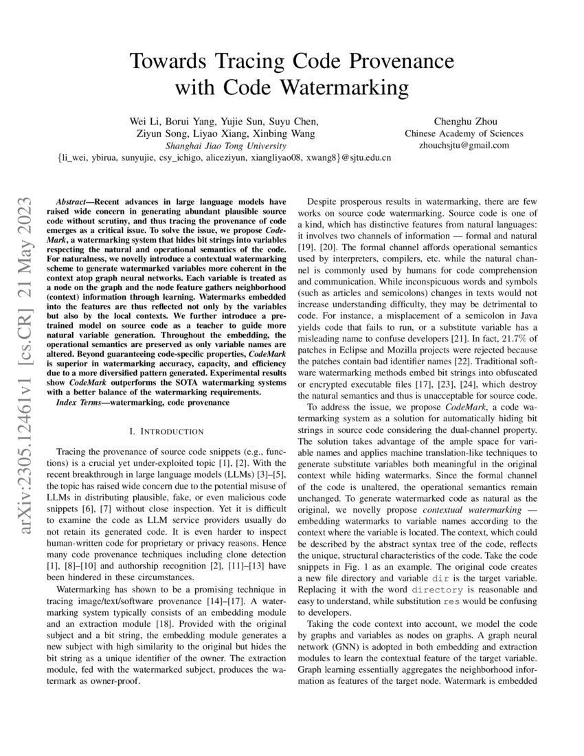 Towards Tracing Code Provenance With Code Watermarking Deepai