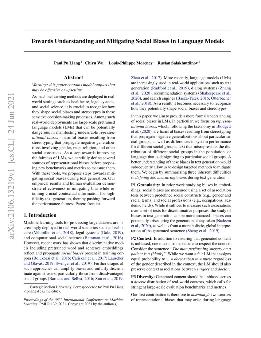 Towards Understanding and Mitigating Social Biases in Language Models ... Towards Understanding and Mitigating Social Biases in Language Models ...