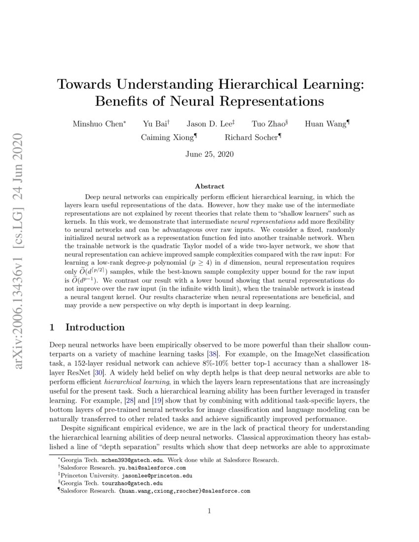 Towards Understanding Hierarchical Learning: Benefits of Neural Representations | DeepAI