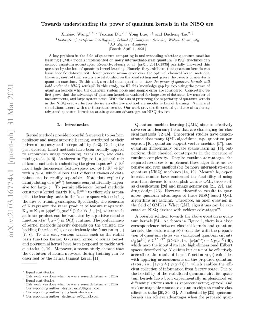 Towards understanding the power of quantum kernels in the NISQ era | DeepAI