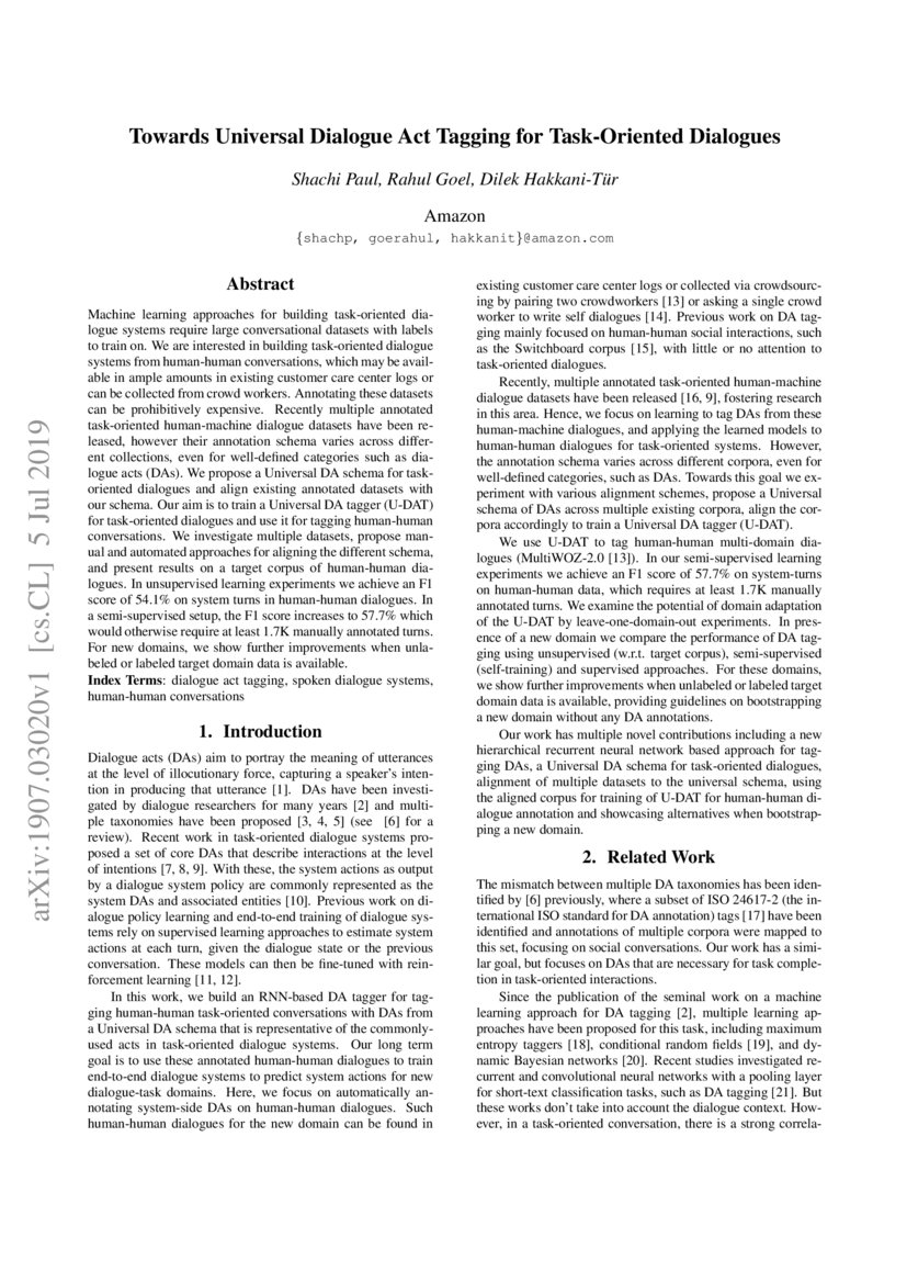Towards Universal Dialogue Act Tagging For Task Oriented Dialogues Deepai