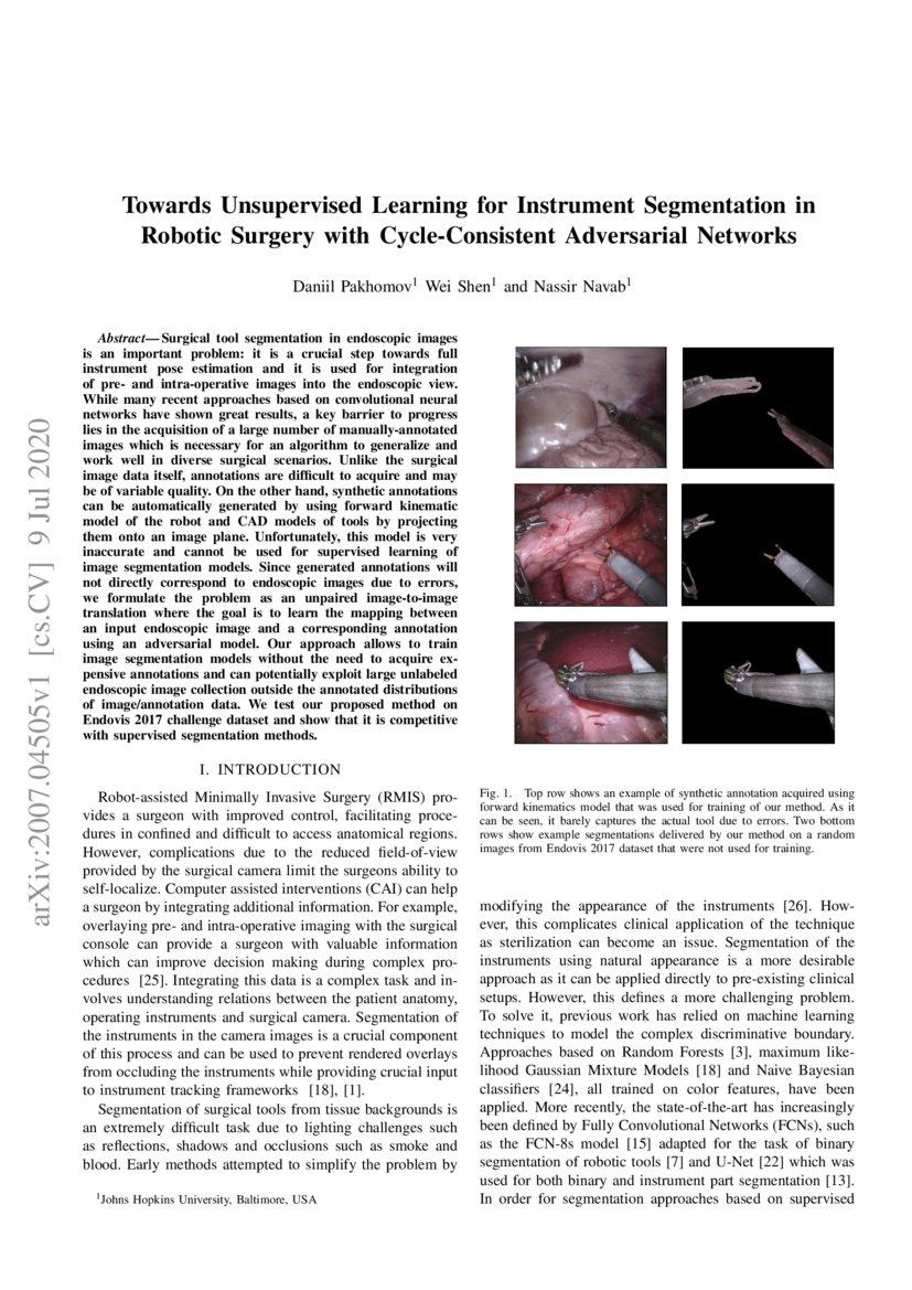 Towards Unsupervised Learning For Instrument Segmentation In Robotic Surgery With Cycle