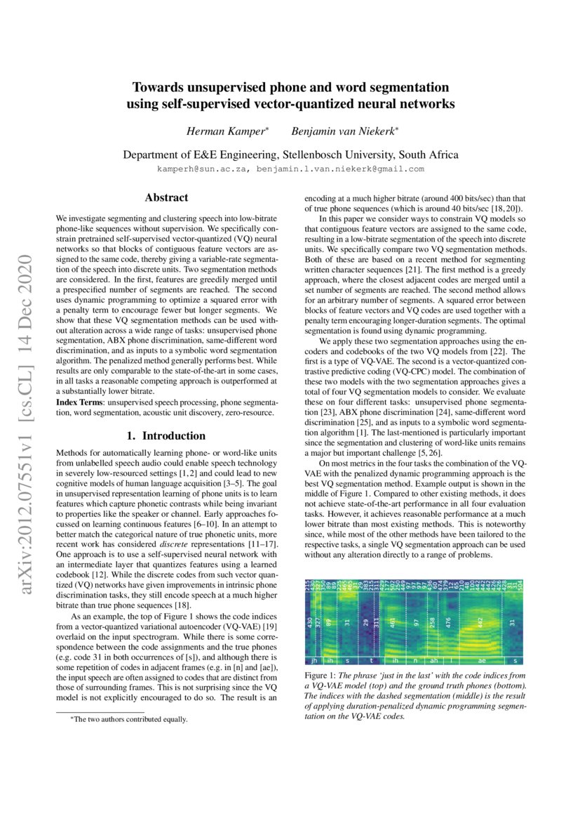 Towards unsupervised phone and word segmentation using self-supervised vector-quantized neural ...
