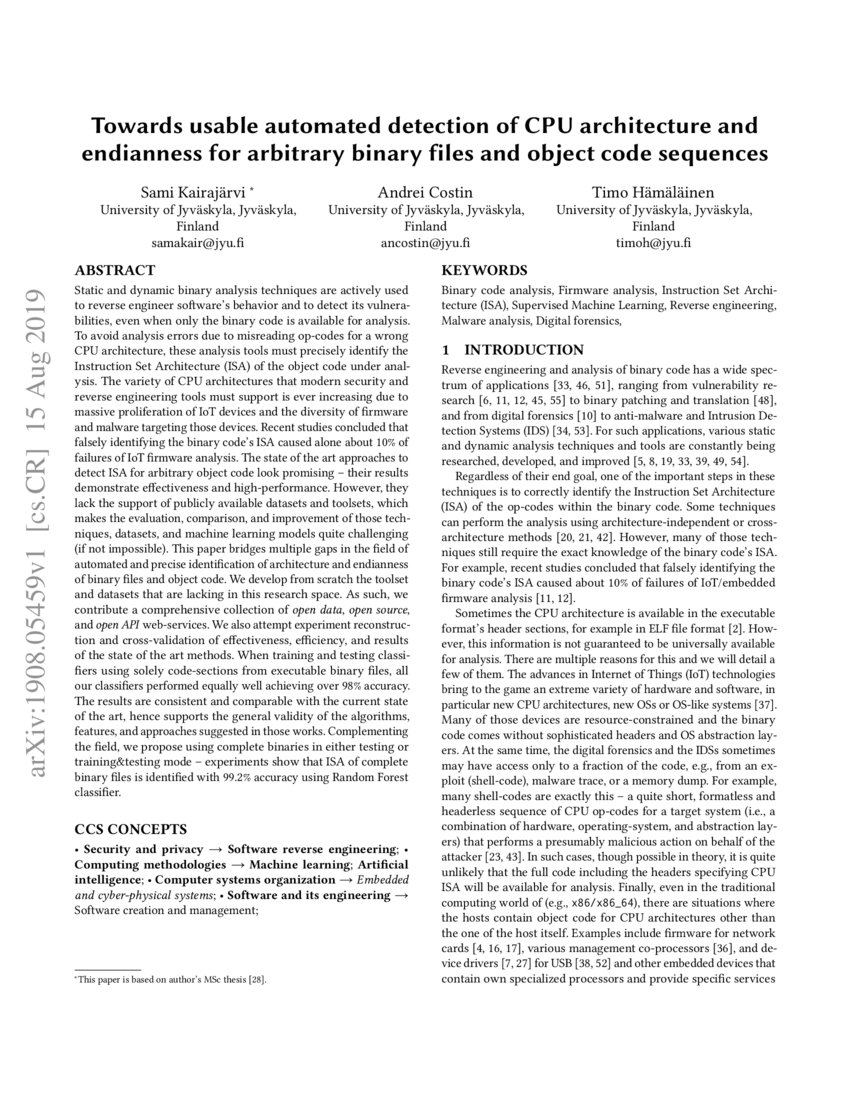 Towards Usable Automated Detection Of Cpu Architecture And Endianness For Arbitrary Binary Files