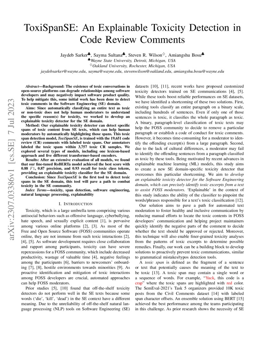 Toxispanse An Explainable Toxicity Detection In Code Review Comments Deepai