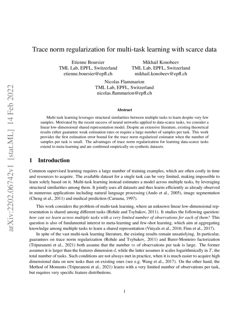 Trace Norm Regularization For Multi Task Learning With Scarce Data Deepai