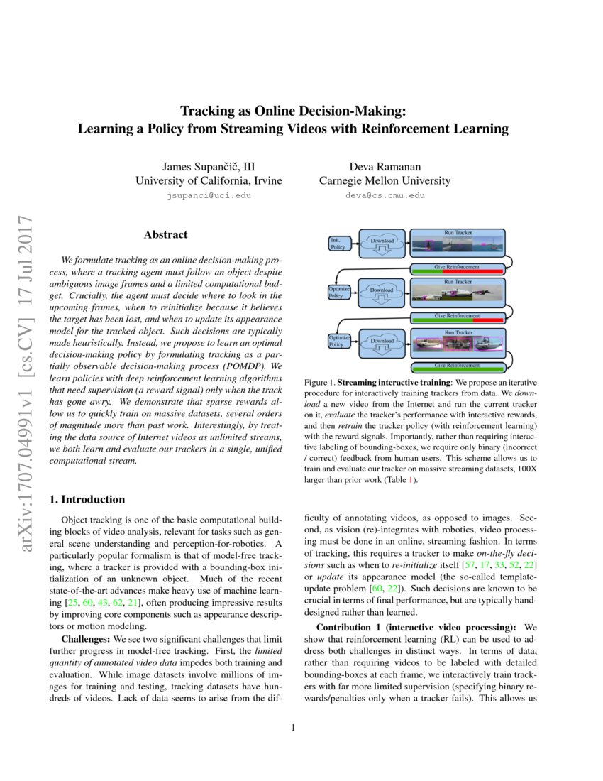 Tracking as Online Decision-Making: Learning a Policy from Streaming Videos with Reinforcement ...