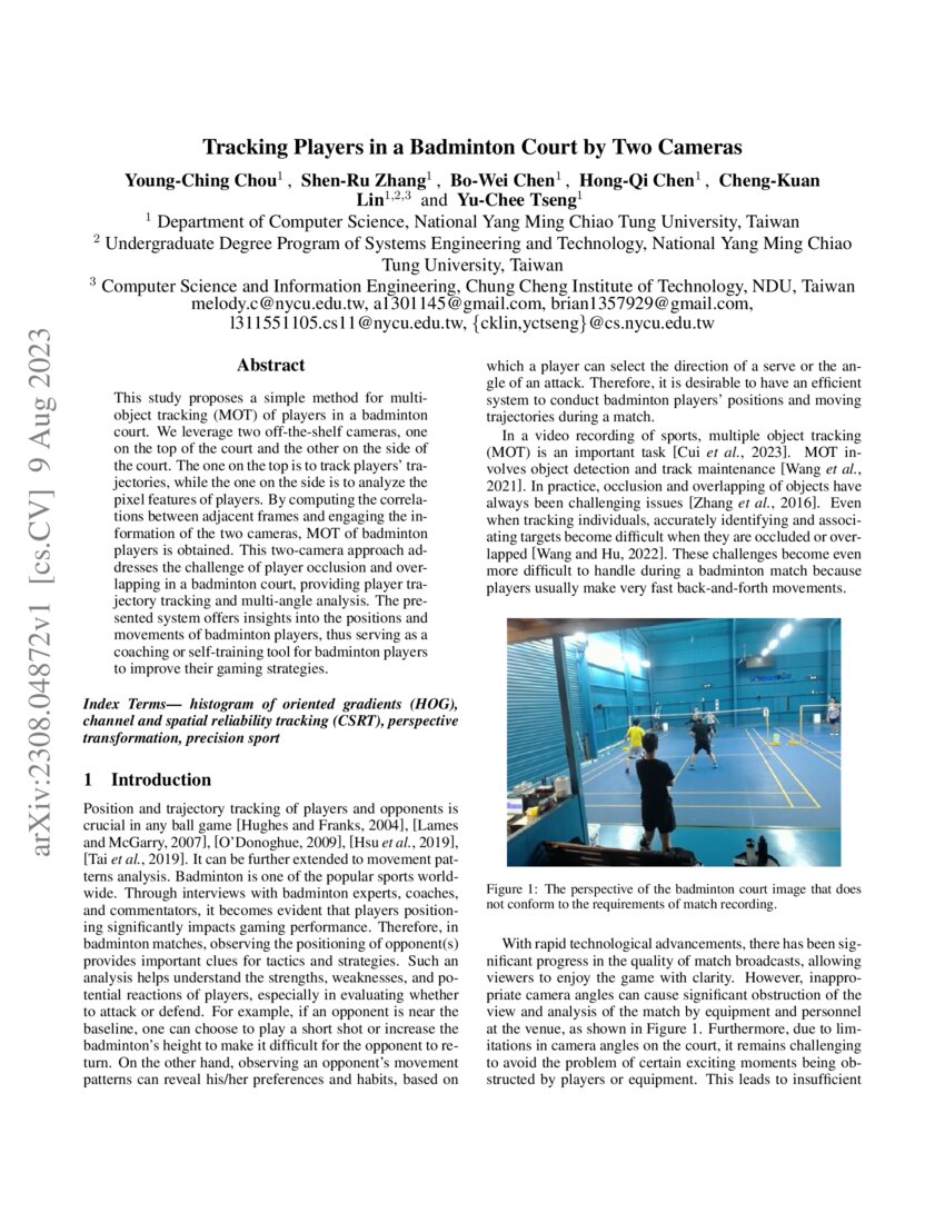 Tracking Players in a Badminton Court by Two Cameras | DeepAI