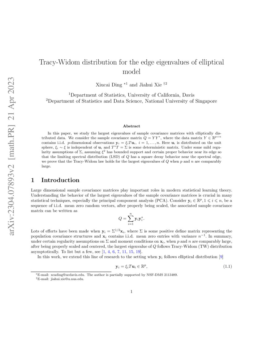 Tracy Widom Distribution For The Edge Eigenvalues Of Elliptical Model Deepai