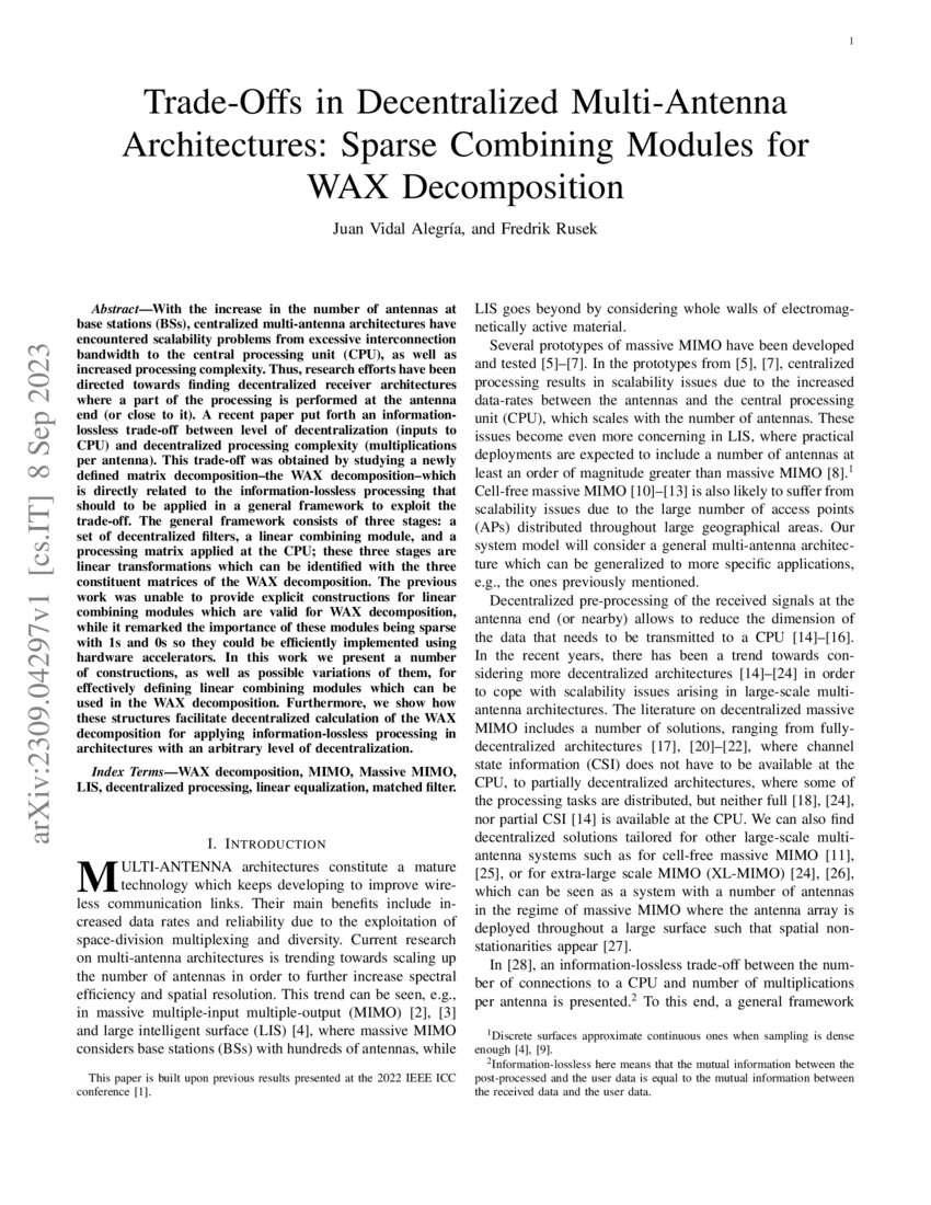 Trade-Offs in Decentralized Multi-Antenna Architectures: Sparse ...