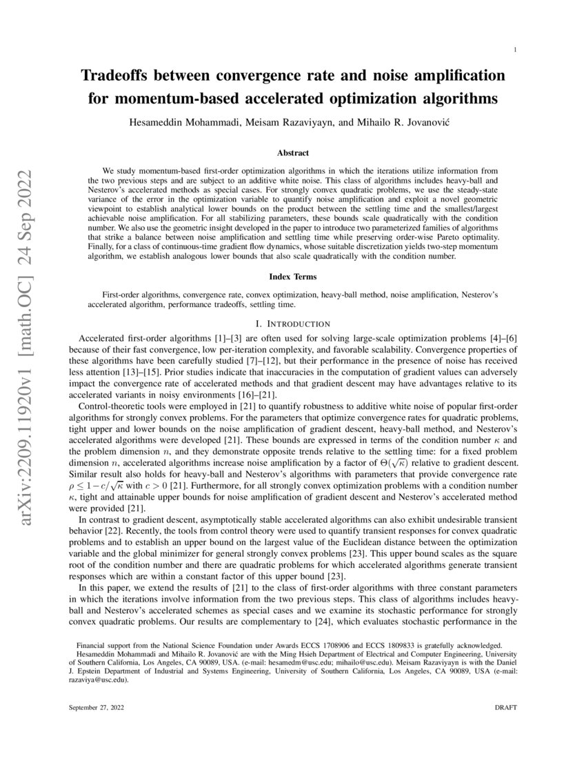 Tradeoffs Between Convergence Rate And Noise Amplification For Momentum Based Accelerated