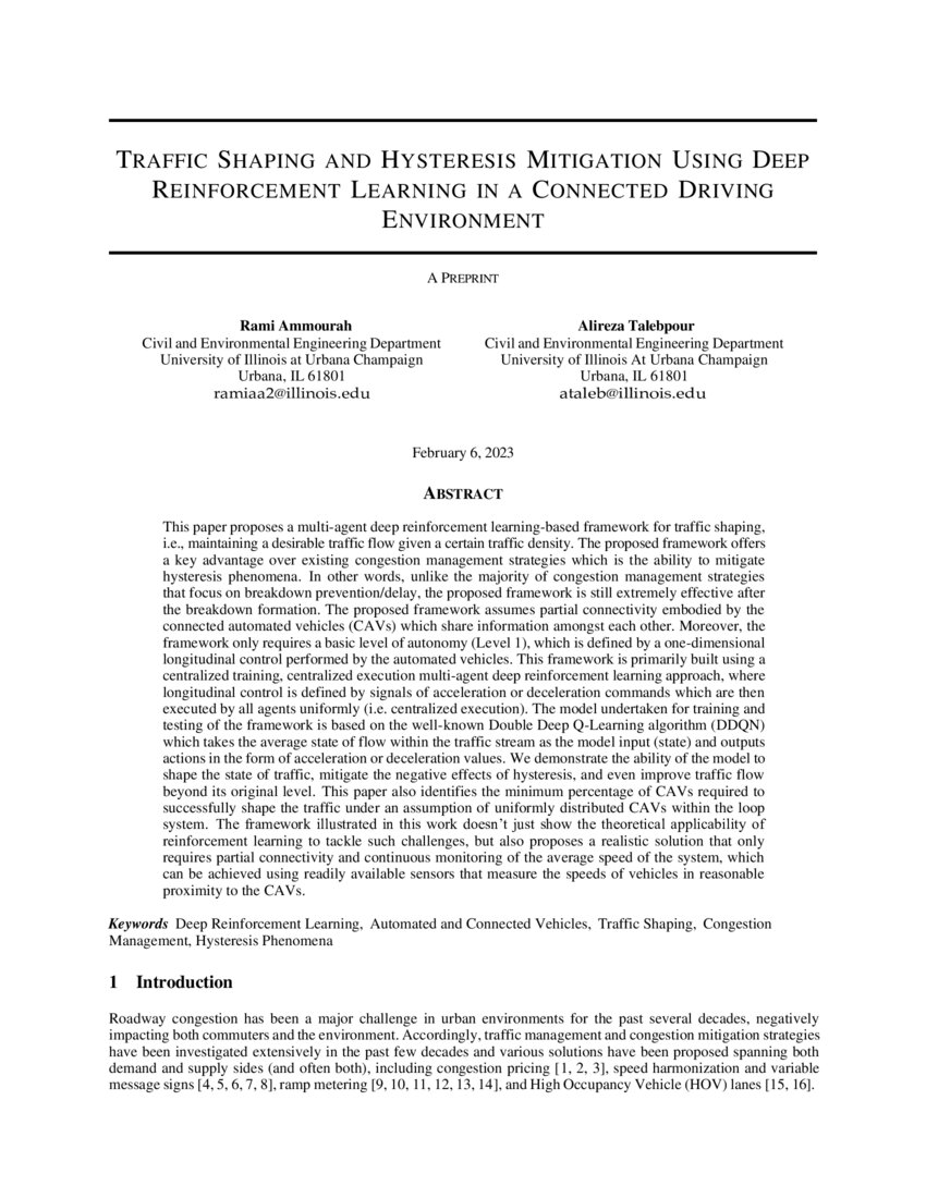 Traffic Shaping And Hysteresis Mitigation Using Deep Reinforcement Learning In A Connected
