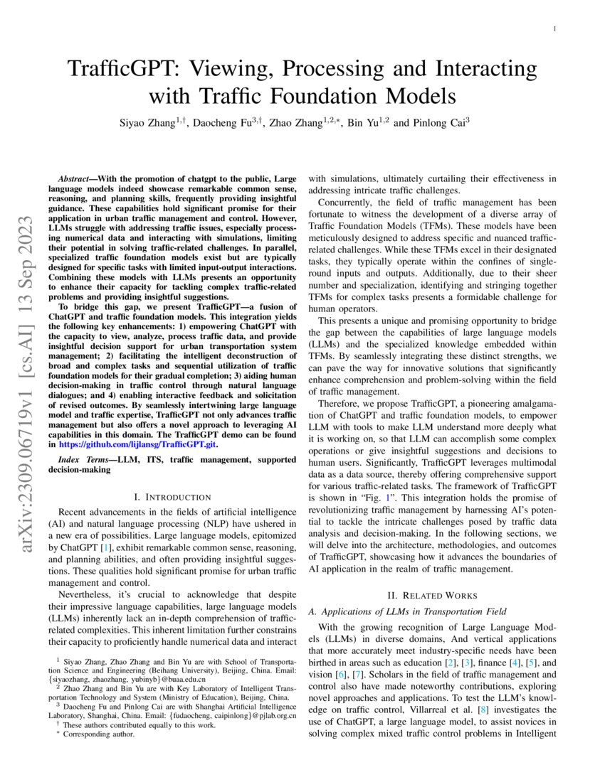 TrafficGPT: Viewing, Processing and Interacting with Traffic Foundation Models | DeepAI