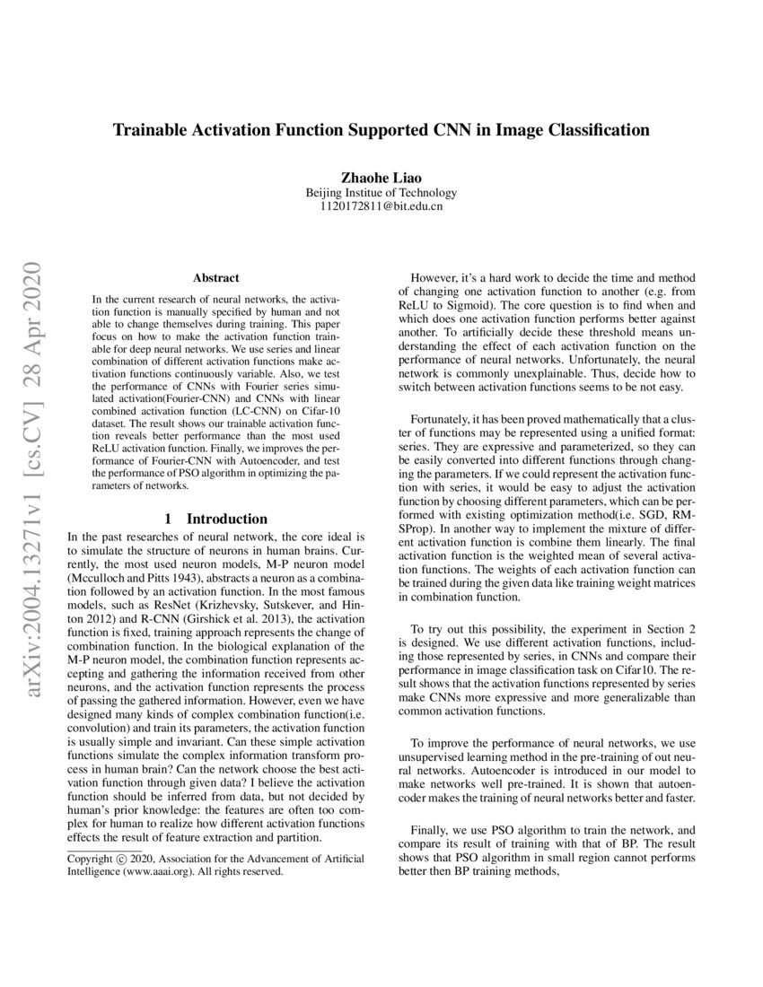 Trainable Activation Function Supported Cnn In Image Classification