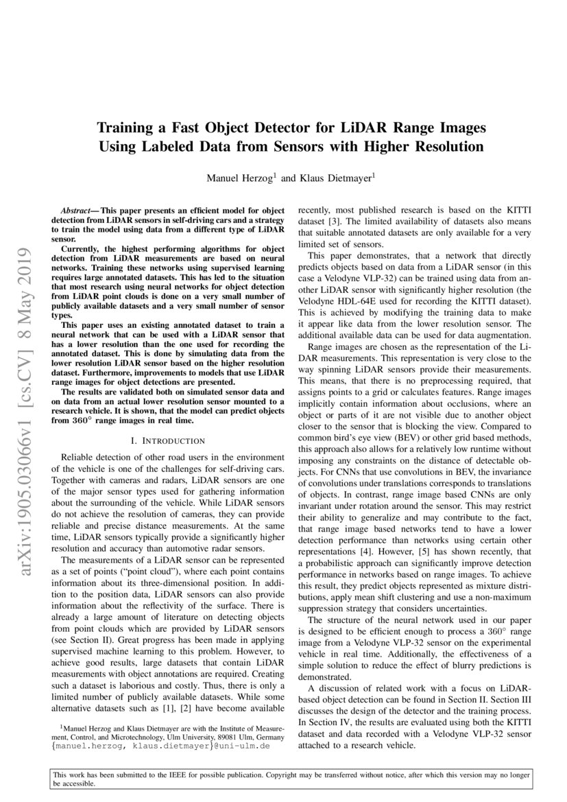 Training a Fast Object Detector for LiDAR Range Images Using Labeled ...