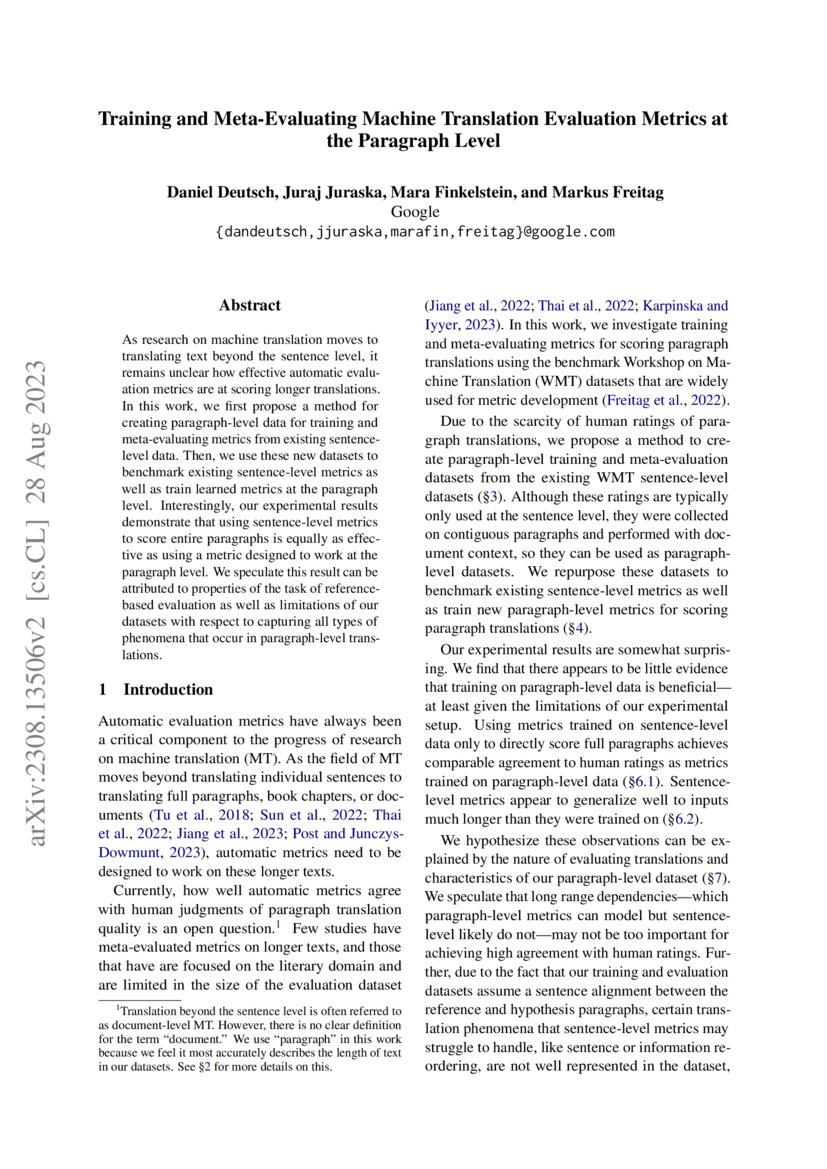 Training And Meta Evaluating Machine Translation Evaluation Metrics At The Paragraph Level Deepai